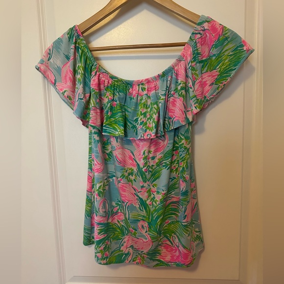 Lilly Pulitzer | Tops | Lilly Pulitzer Flamingo Print Offshoulder Top ...